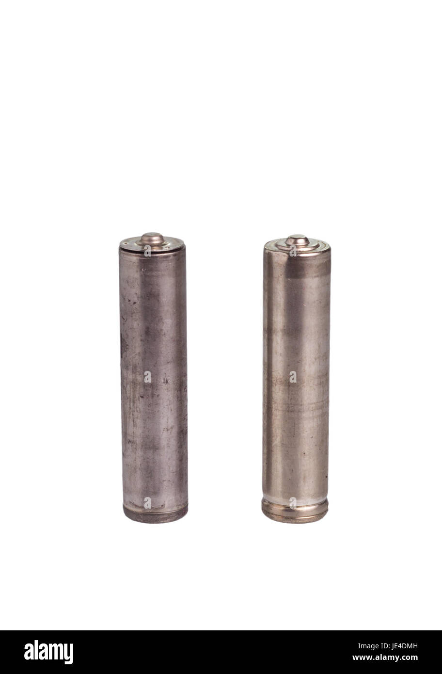 two of uncovered batteries on isolate white background Stock Photo - Alamy