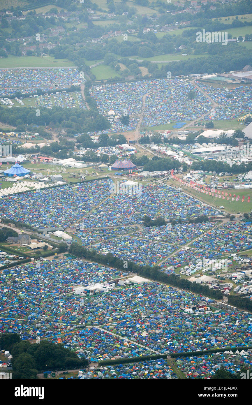 An Aerial View Of Tents During The Glastonbury Festival At Worthy Farm
