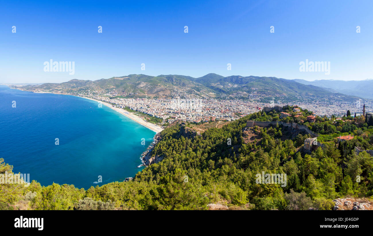 Mediterranean Sea - Beach in Alanya, Alanya Castle, Mosque - Turkey ...