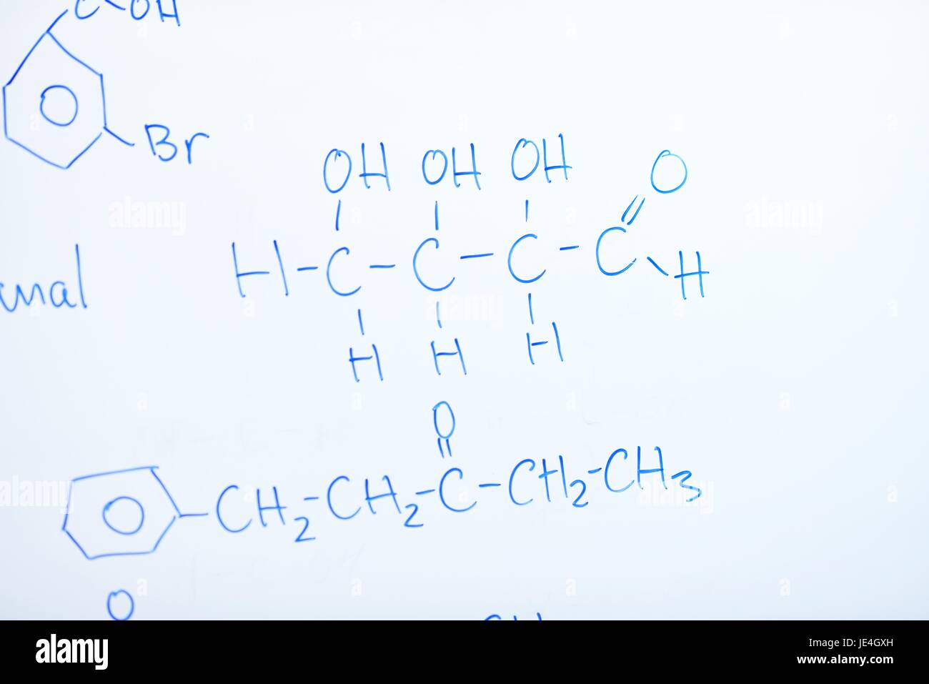 abstract science and chemical molecule structure on white board in ...