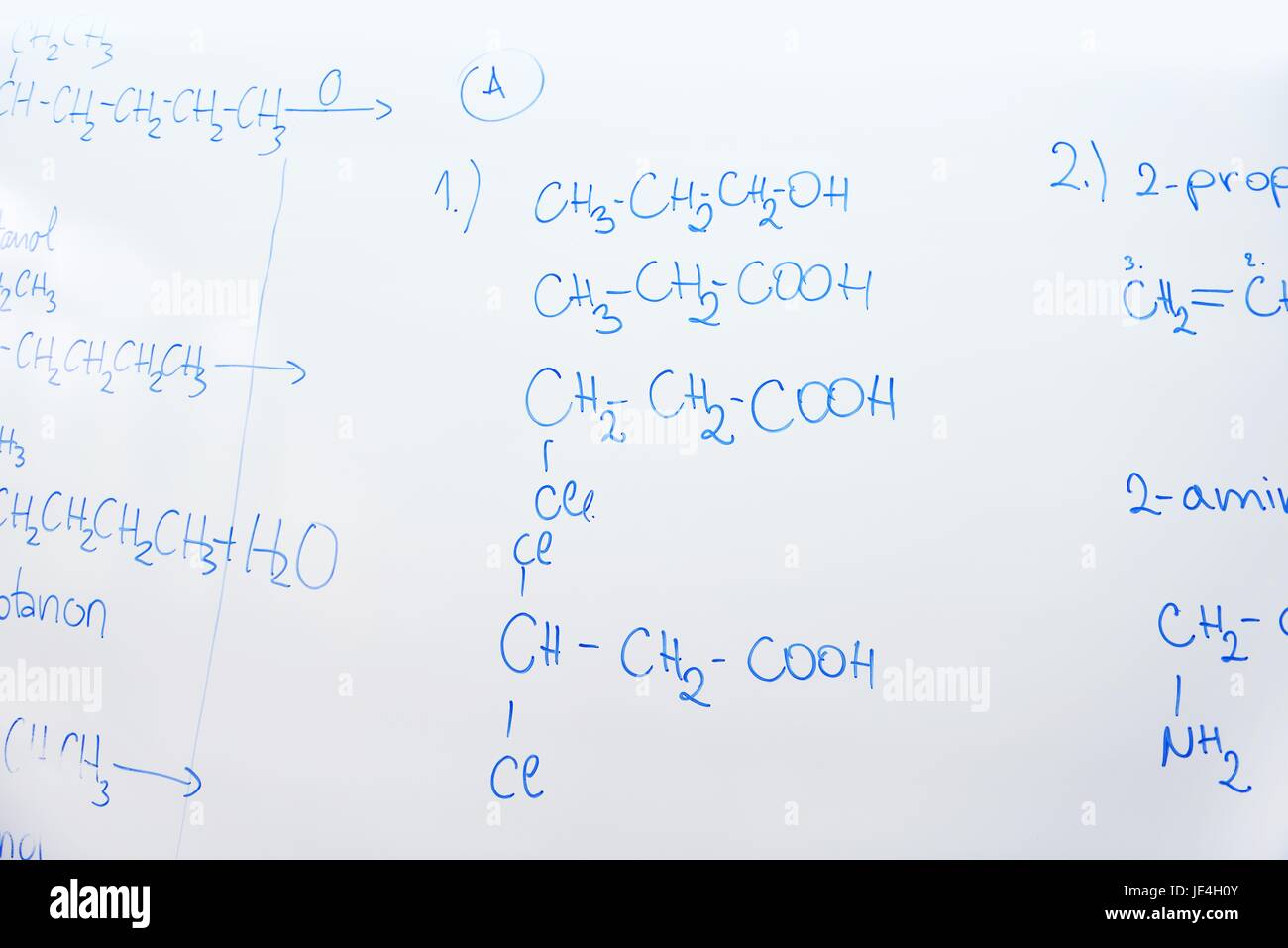 abstract science and chemical molecule structure on white board in ...