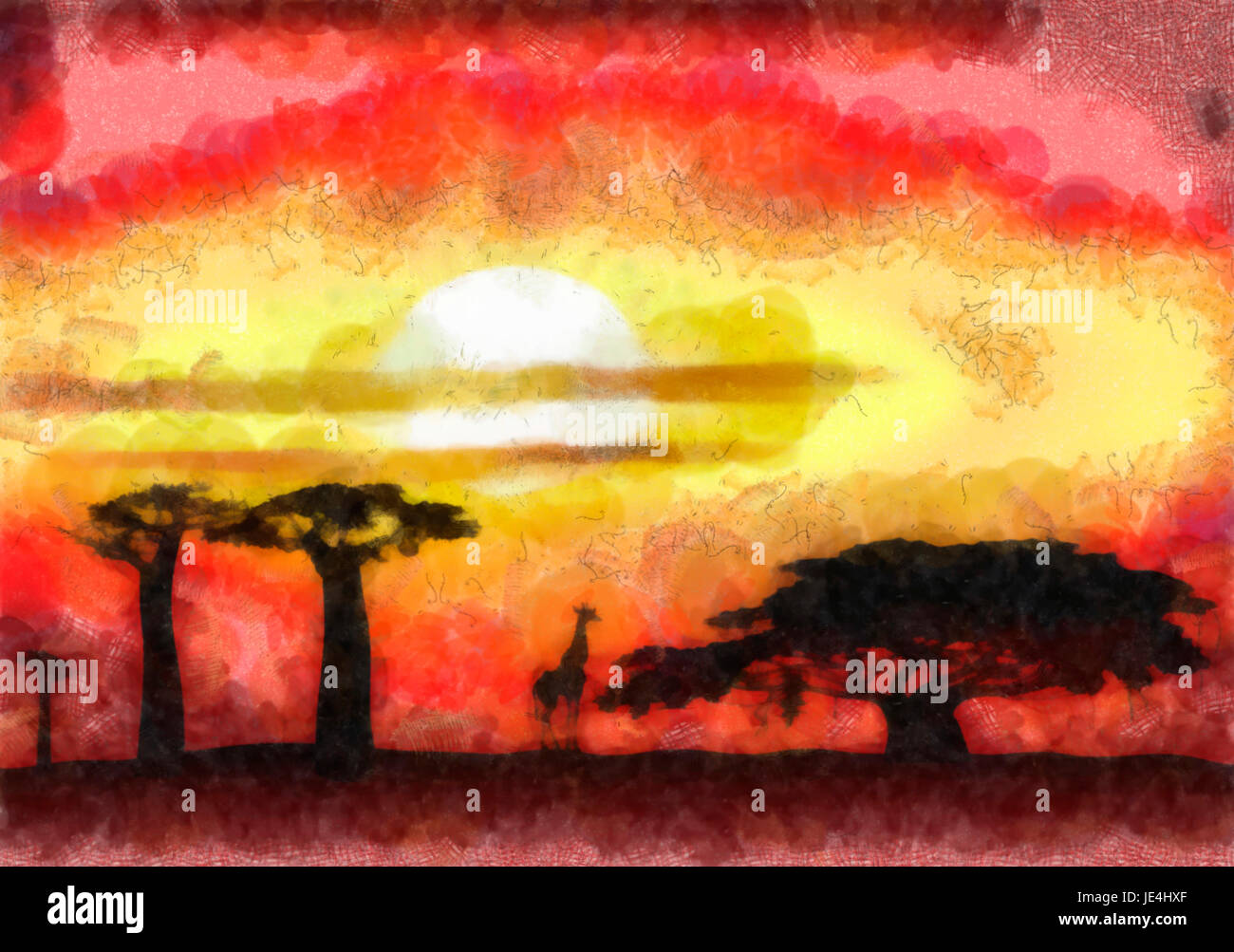 Drawing of the Africa sunset - mixed media - digitally altered Stock ...