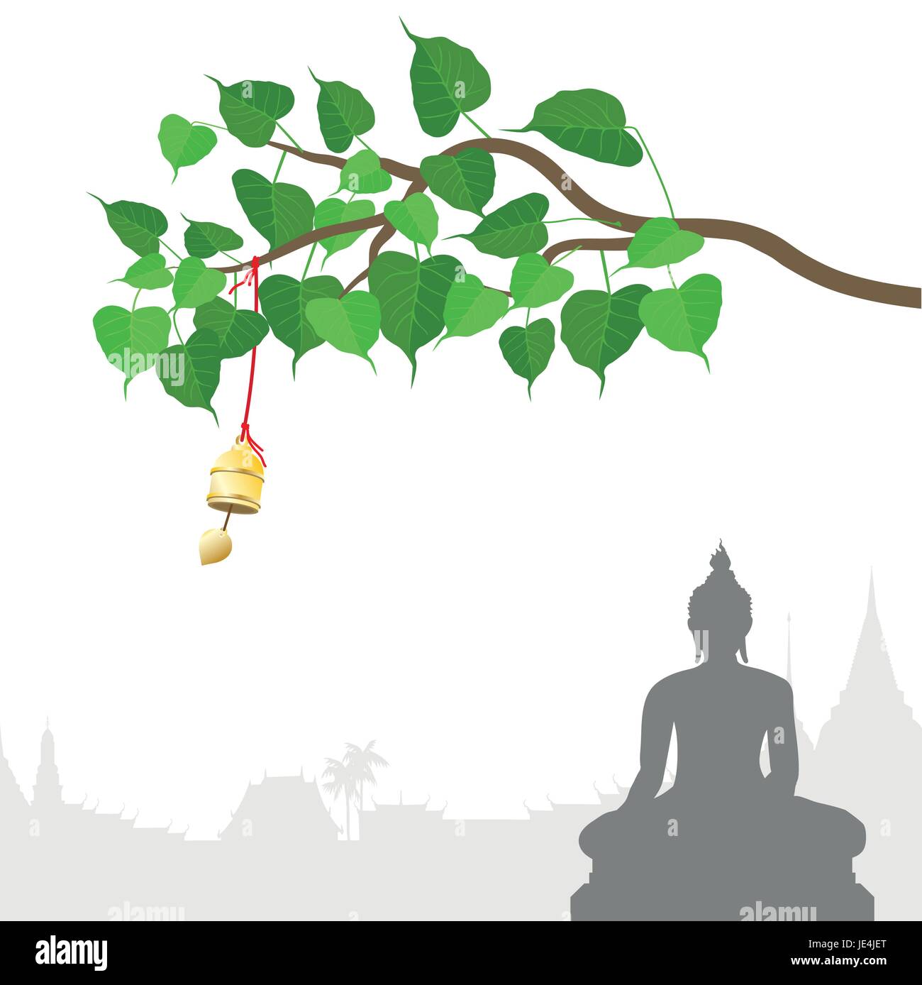Buddha statue and Bodhi tree with Golden bell of thai tradition ...