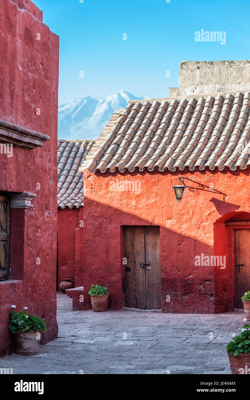 Beautiful red colonial architecture of Santa Catalina Monastery with ...