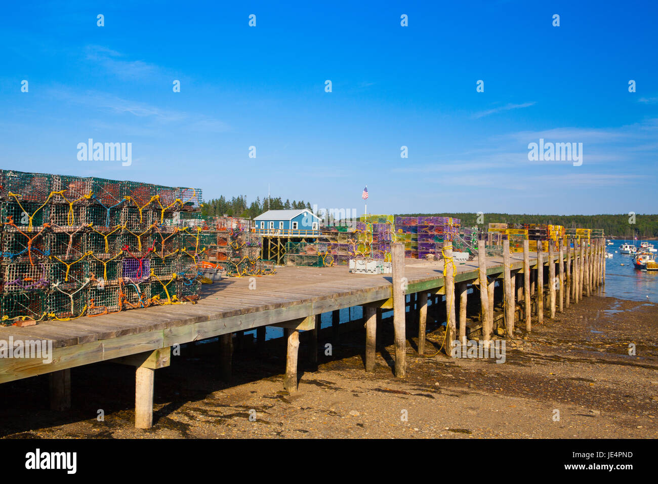 Crab farm and crab cages on Saint George Peninsula, Maine, USA Stock ...