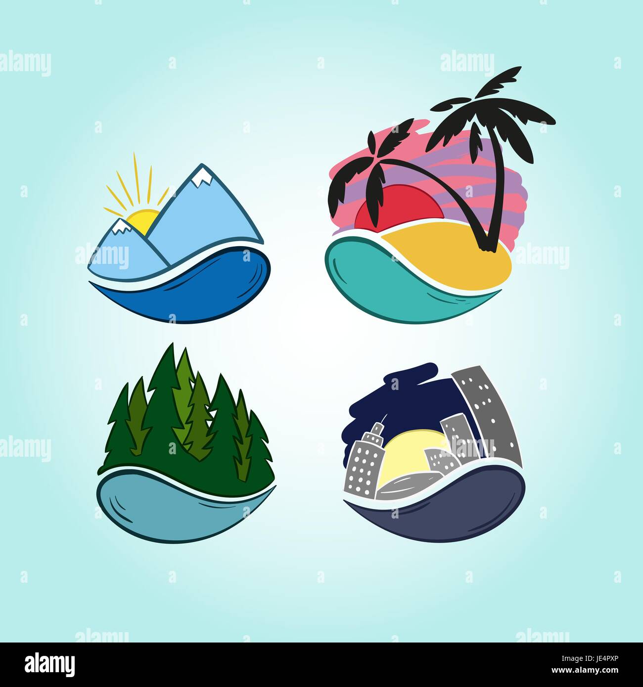 Hand drawn travel icons. Mountains, tropics, forest, city Stock Vector ...