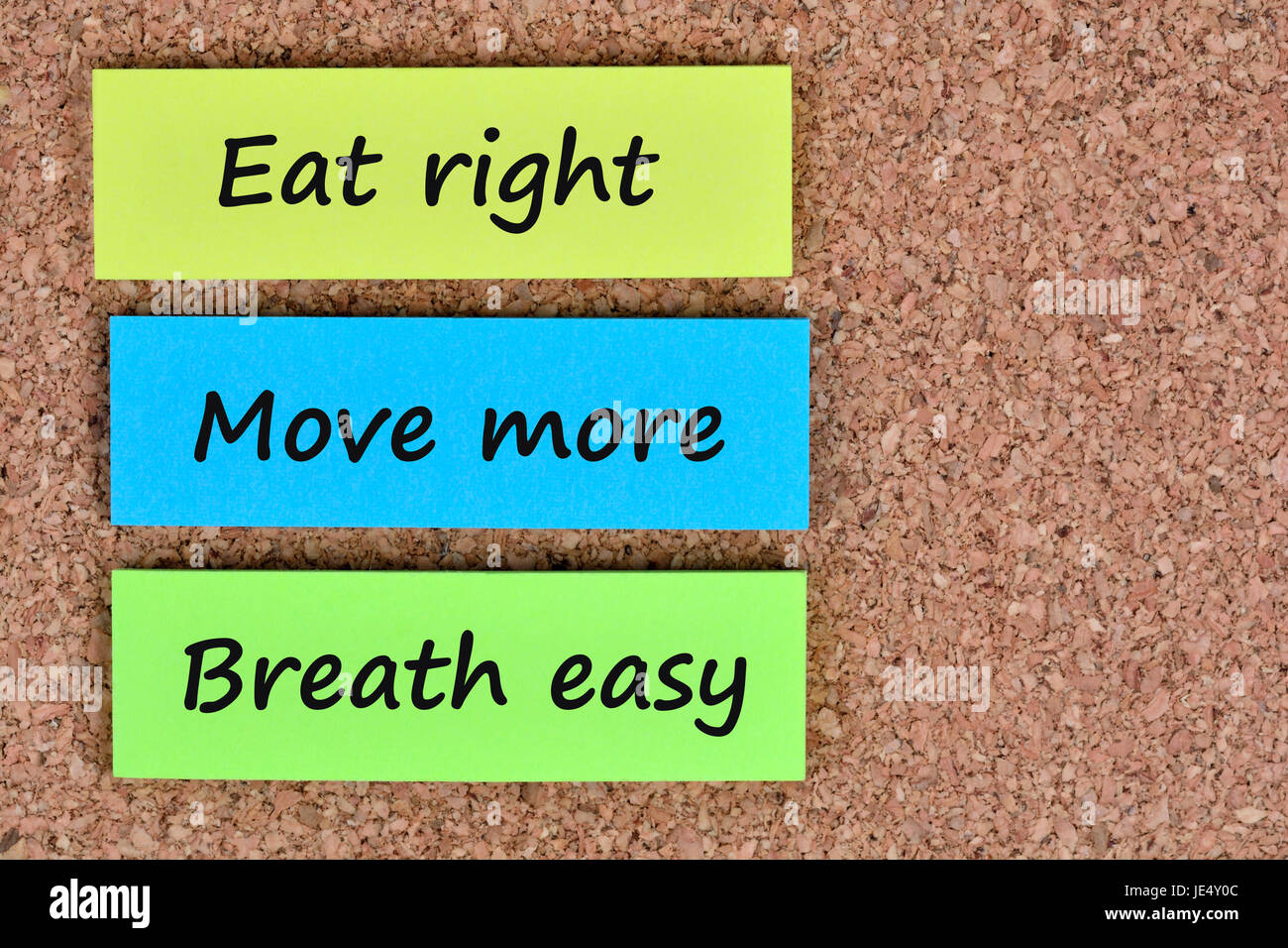 Text Eat right Move more Breath easy on colorful notes Stock Photo - Alamy