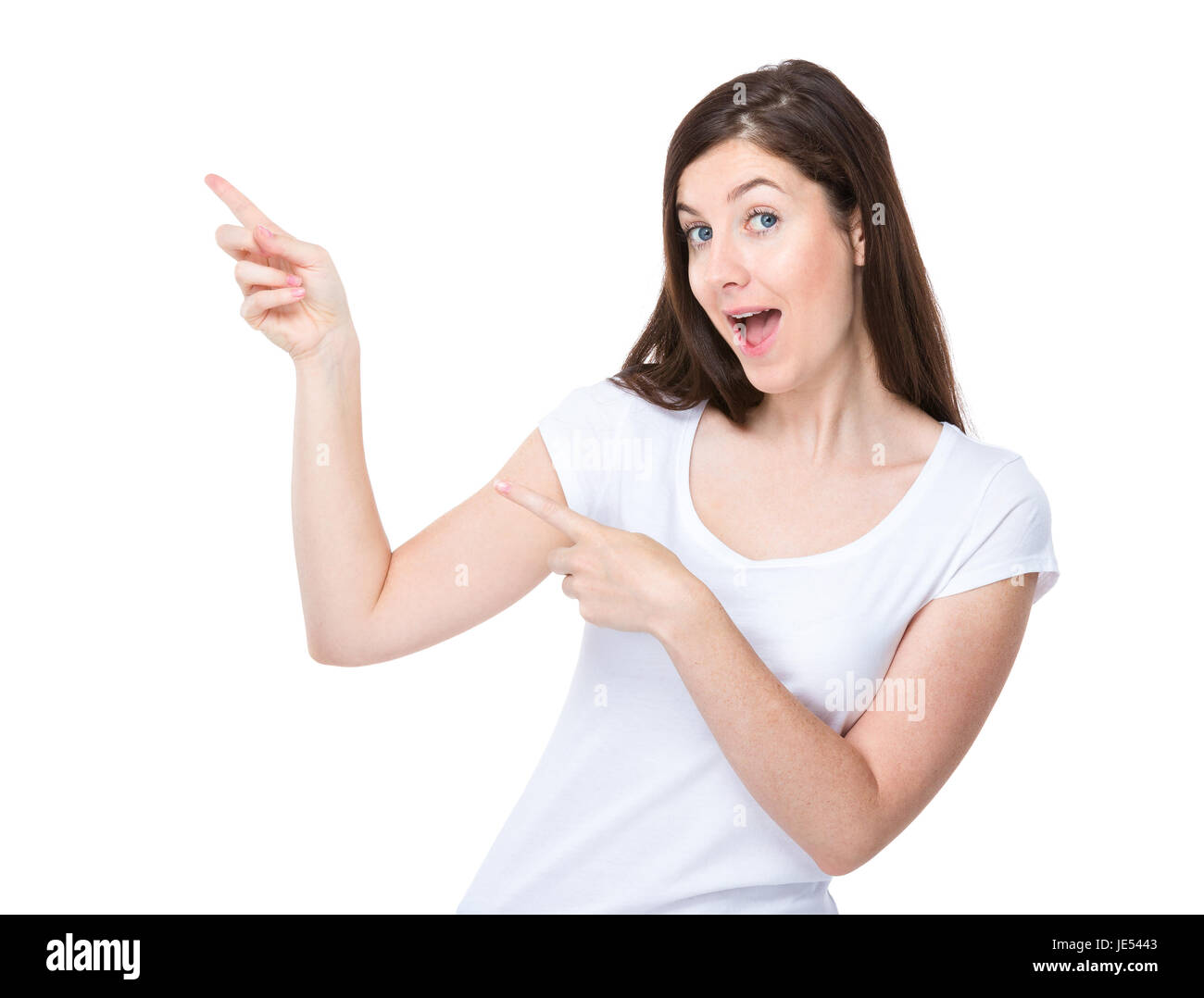 Woman with two finger point up Stock Photo - Alamy