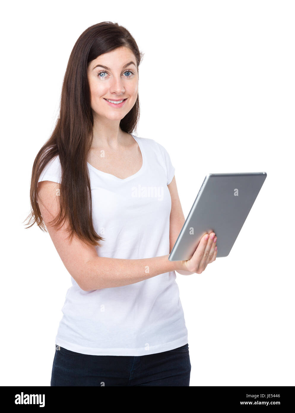 Caucasian woman use of tablet Stock Photo - Alamy