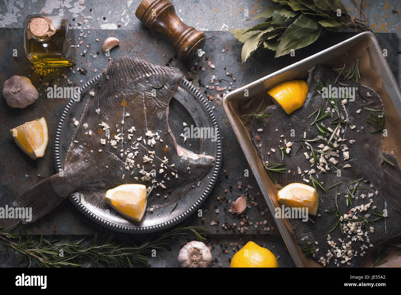 Cooking flounder with seasoning on the stone horizontal Stock Photo - Alamy