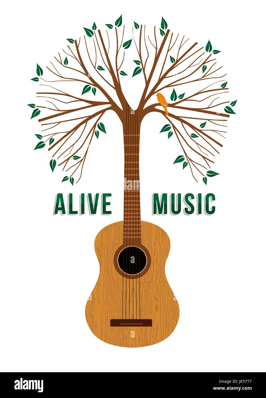 Guitar tree with bird and nature decoration. Concept illustration for ...