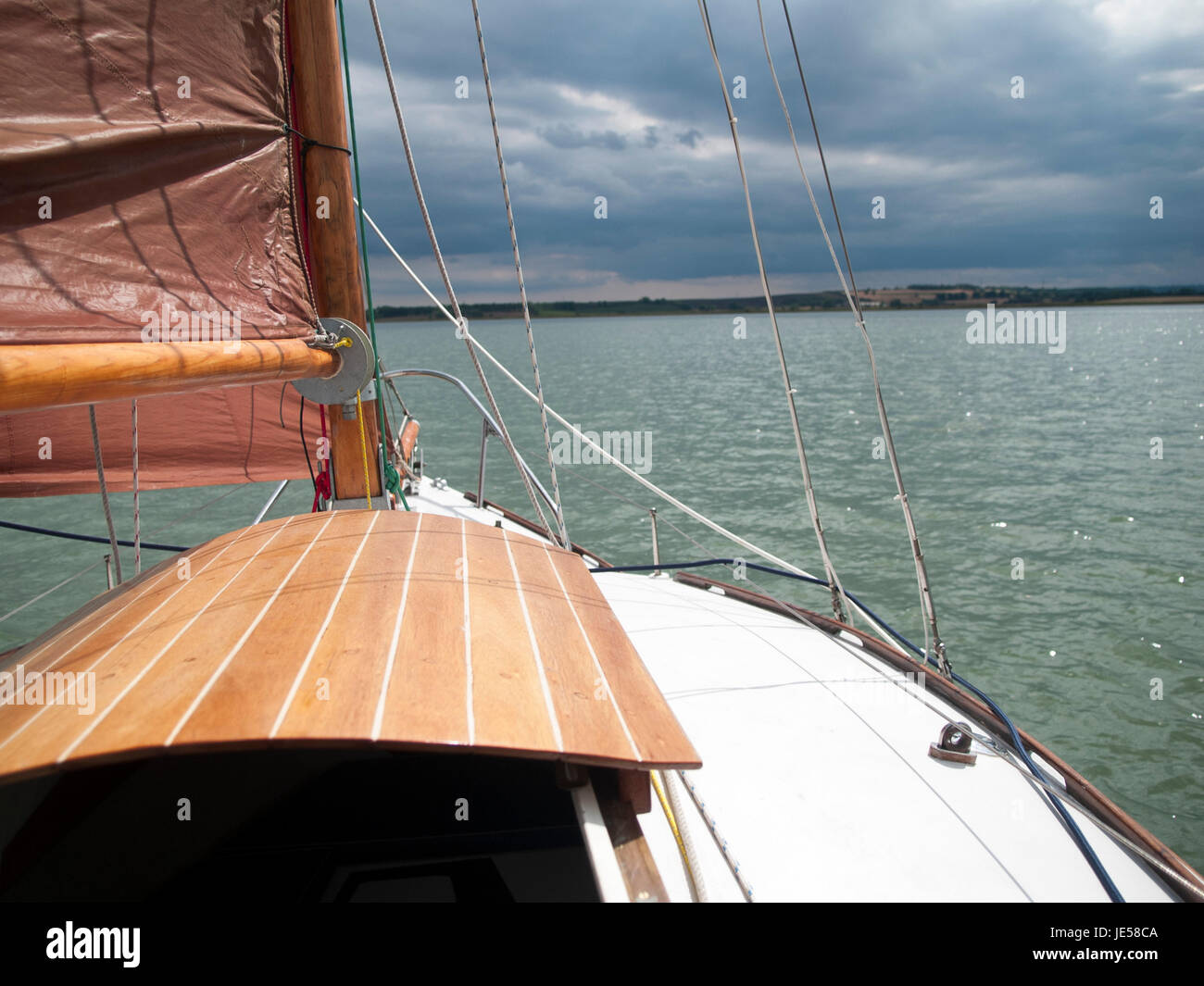 View forward from the cockpit of a traditional sailing yacht Stock ...