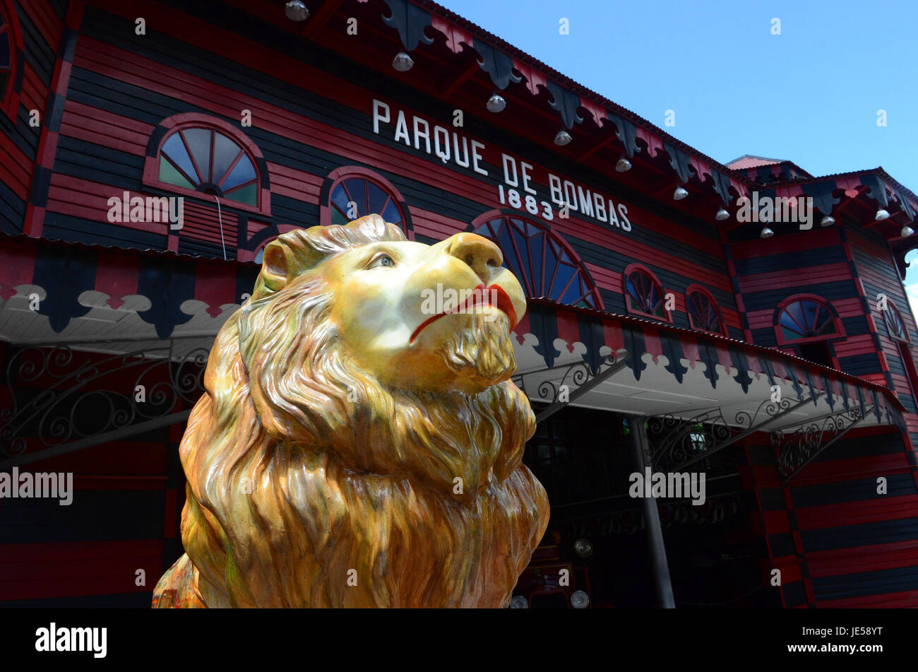 A lion statue sits in front of the main fire station in Ponce, Puerto ...