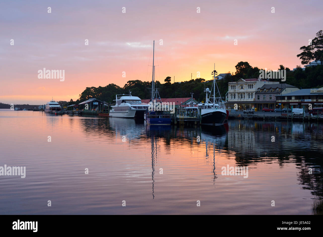 Strahan seafront at sunset on west coast of Tasmania, Australia Stock ...