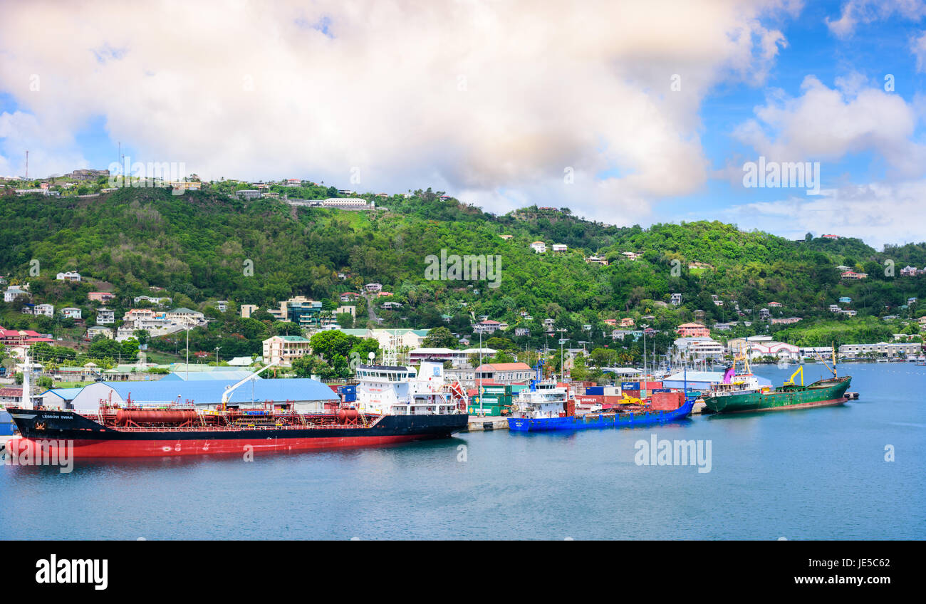 Grenada the Carenage harbour,capital of St George's surrounded by hills ...