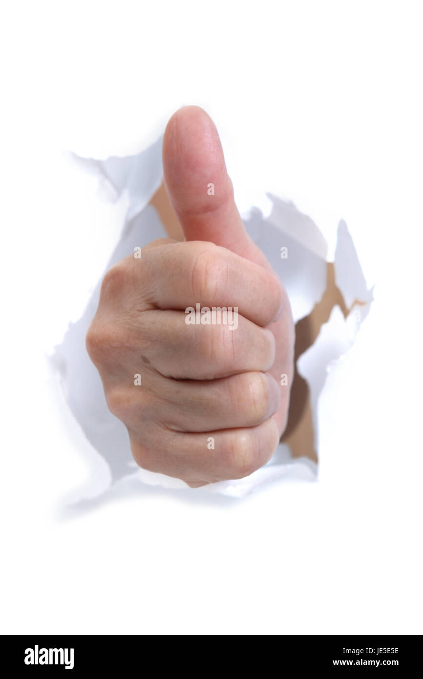 hand break through the paper with the thumb up Stock Photo - Alamy