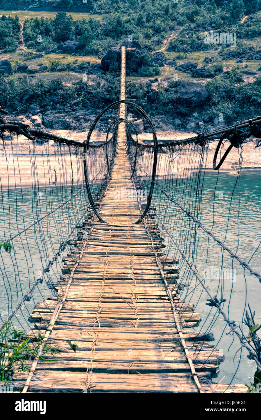 Scary shaky long footgbridge in Arunachal Pradesh region in India Stock ...