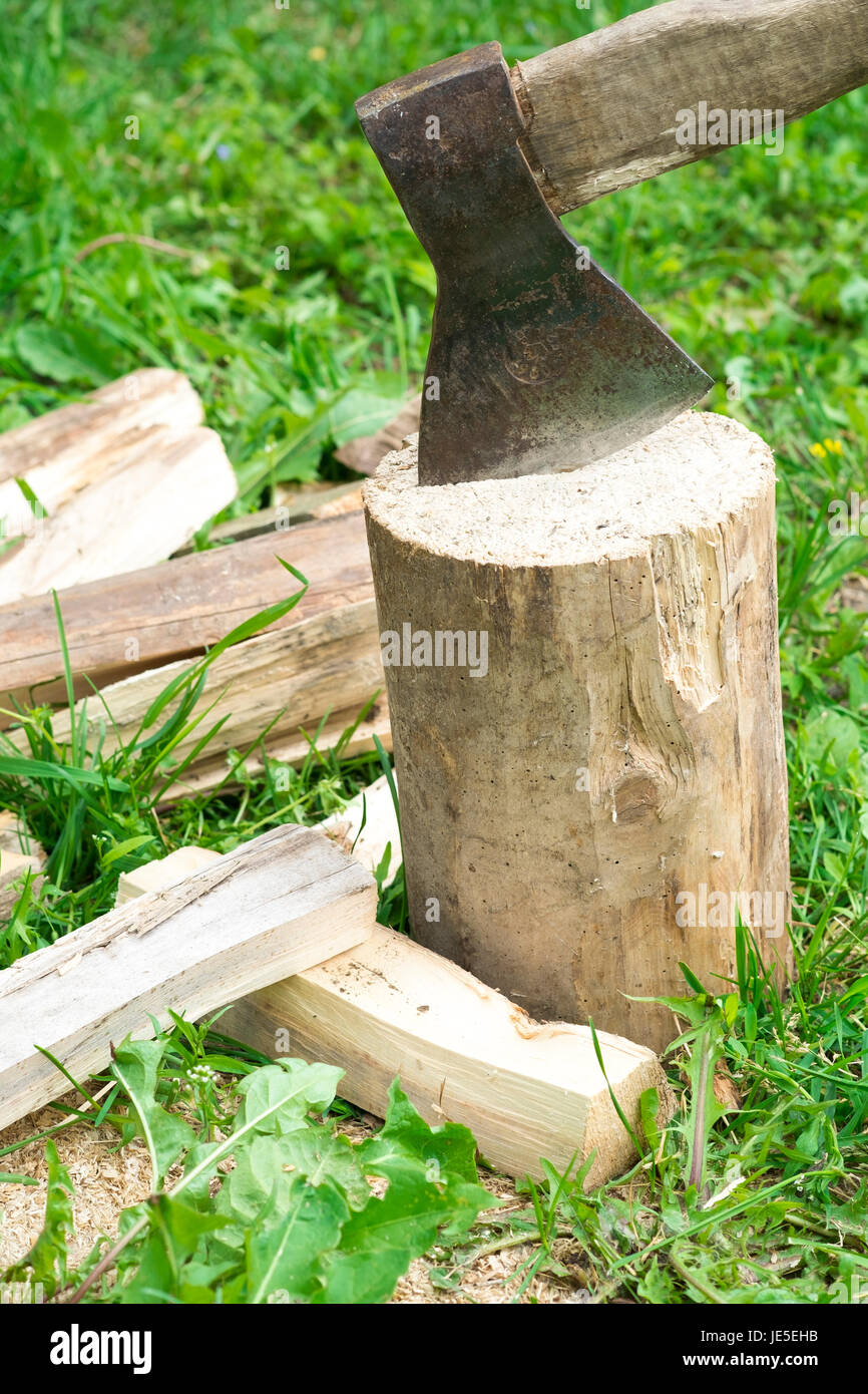 An axe thrust in a stump and a few firewood around Stock Photo - Alamy