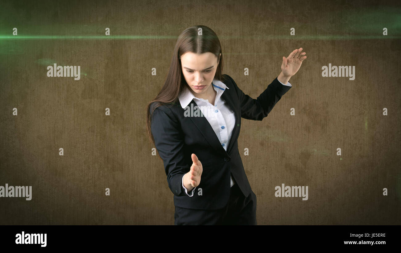 Closeup portrait business woman raising hands in the air attack with ...
