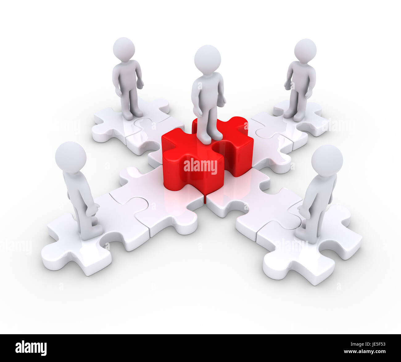 Four 3d people are standing on puzzle pieces and one higher Stock Photo ...