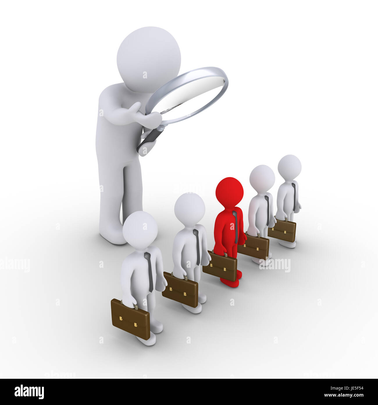 3d person with magnifier looking at businessmen in line and one stands ...