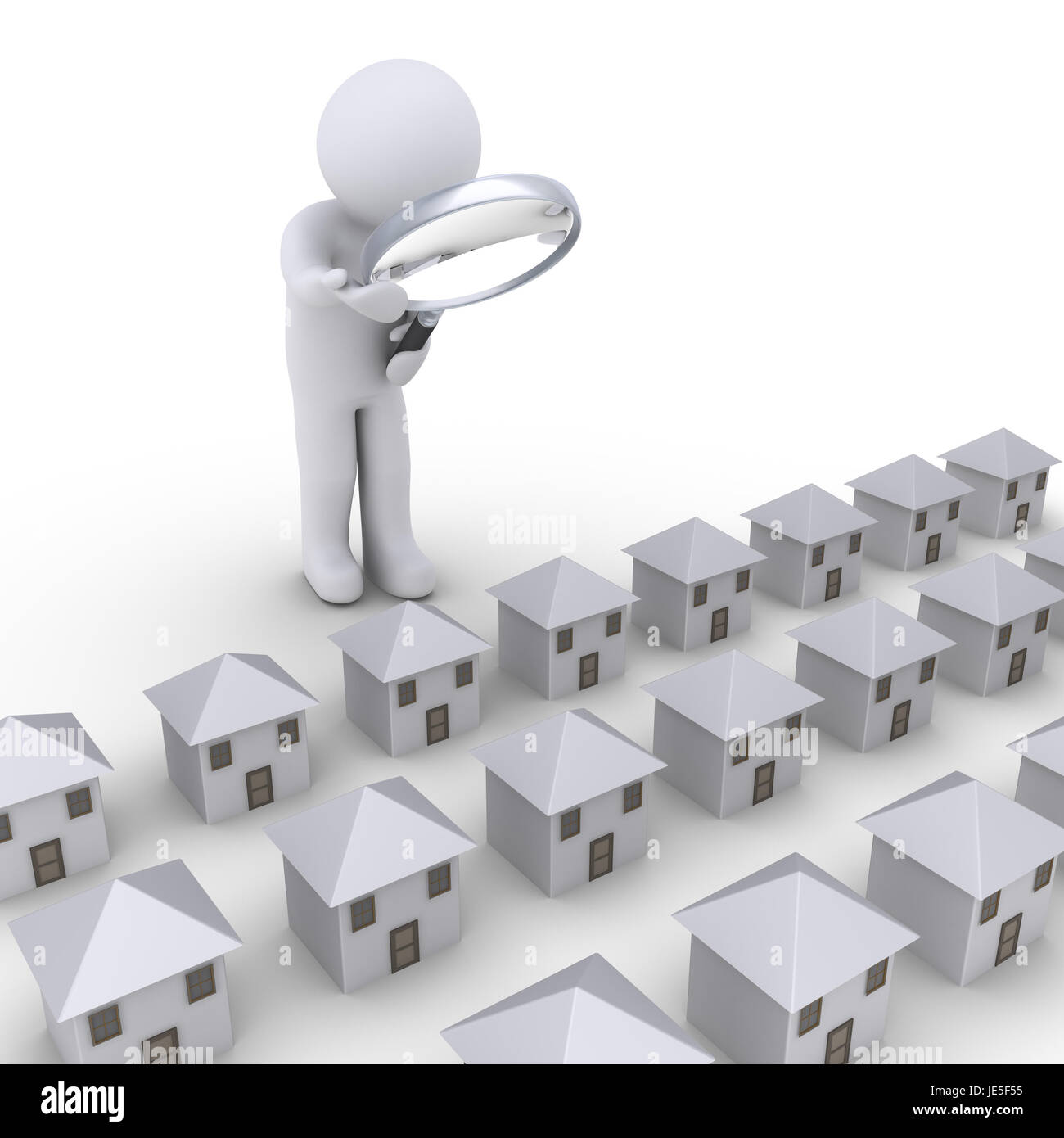 3d person with magnifier looking at many houses in a row Stock Photo ...