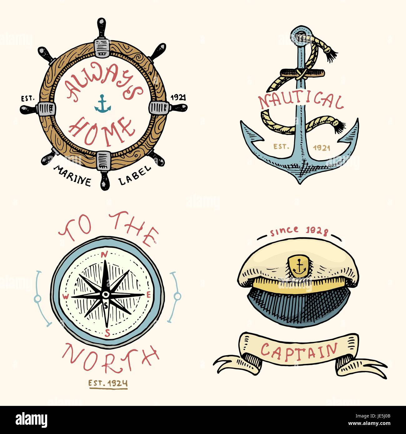 set of engraved vintage, hand drawn, old, labels or badges for anchor ...