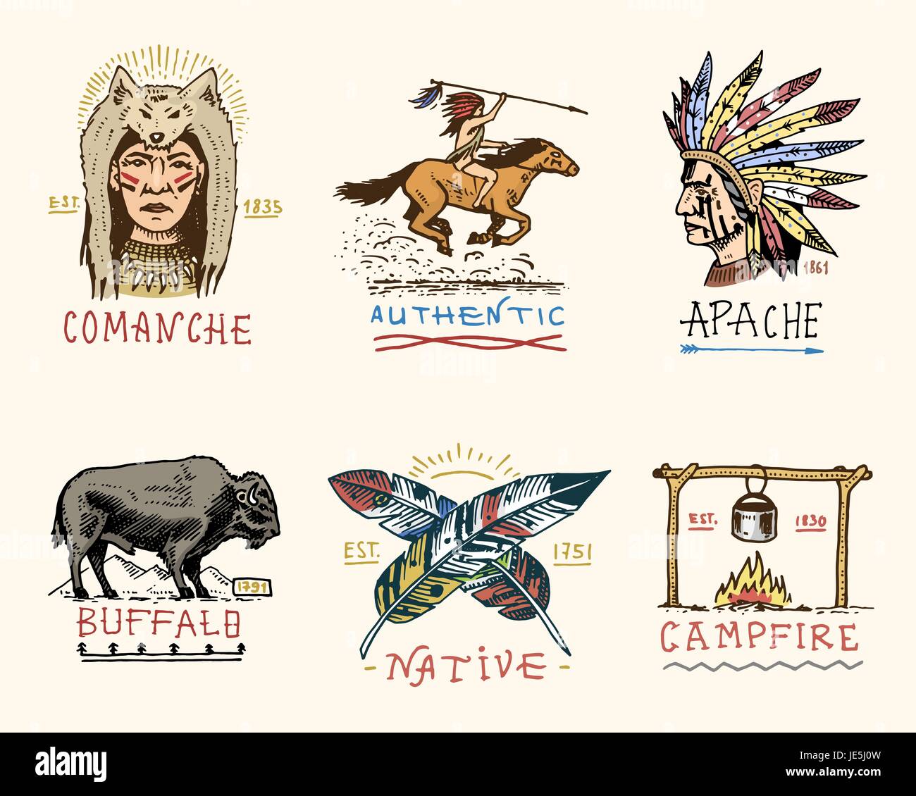 set of engraved vintage, hand drawn, old, labels or badges for indian ...