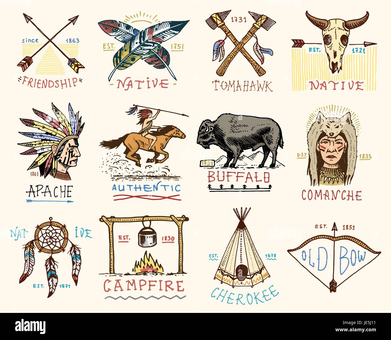 set of engraved vintage, hand drawn, old, labels or badges for indian ...