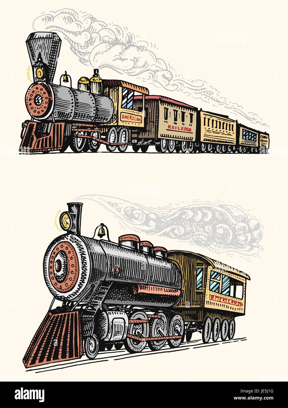 engraved vintage, hand drawn, old locomotive or train with steam on american railway. retro ...