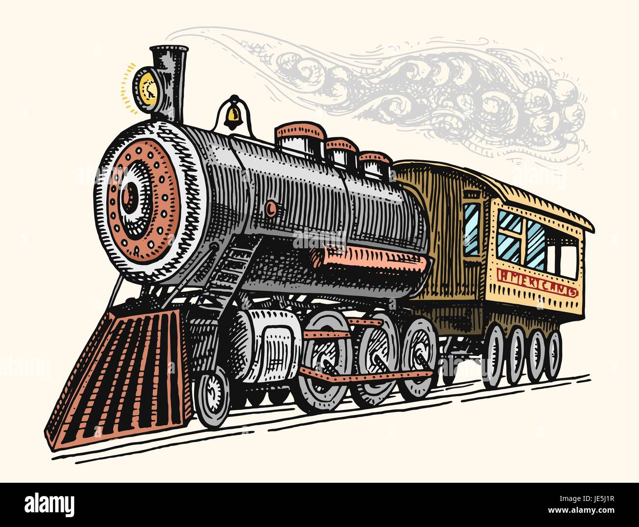 engraved vintage, hand drawn, old locomotive or train with steam on ...