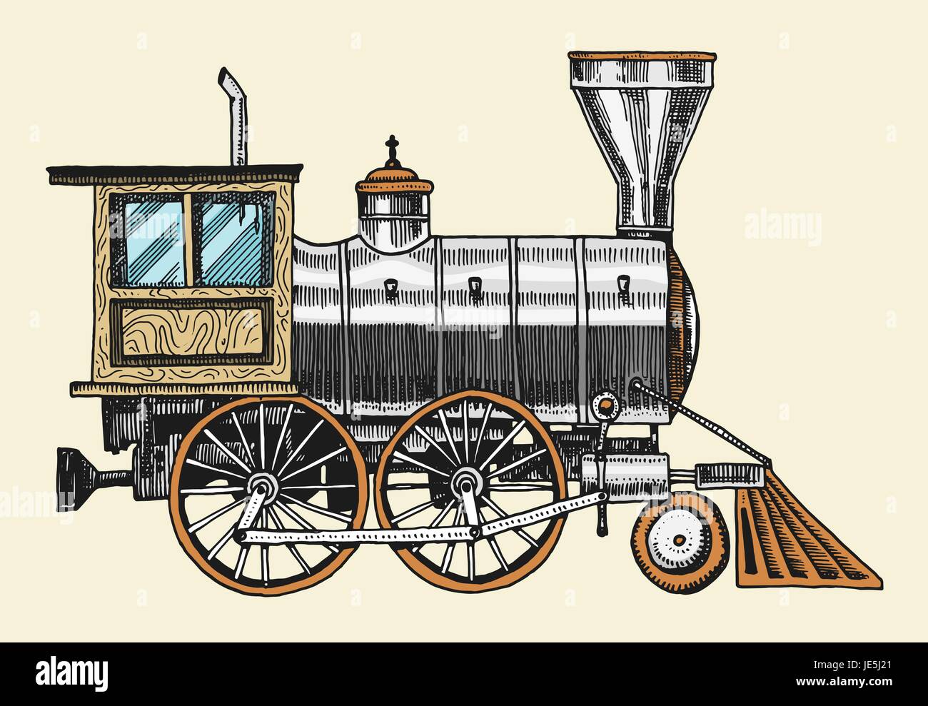 engraved vintage, hand drawn, old locomotive or train with steam on american railway. retro ...