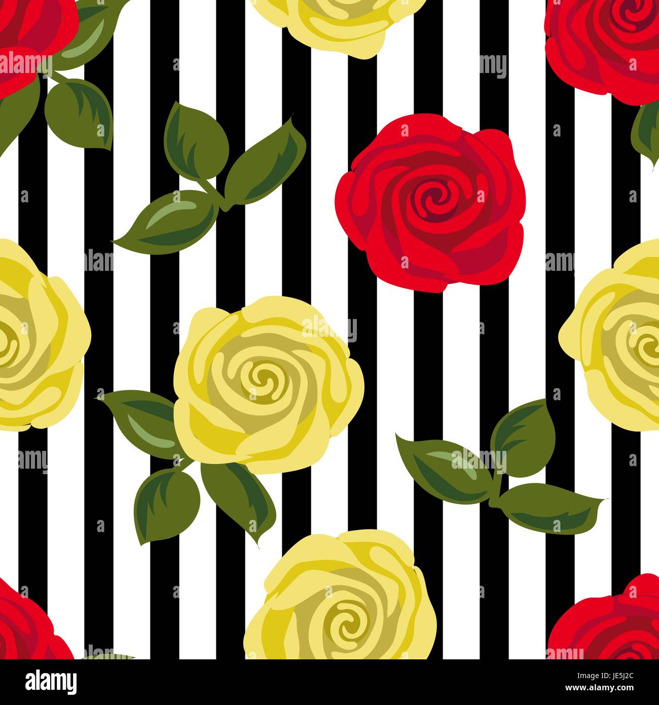 Seamless pattern with red and yellow rose flowers on black stripes ...