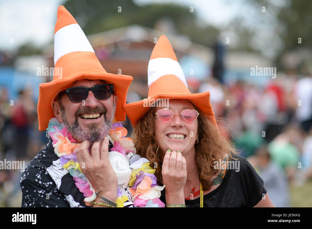 Father and daughter Steve Dobson and Michelle Byatt wear cone hats ...