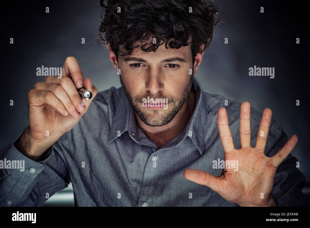 Man using stylus and transparent touch screen Stock Photo - Alamy