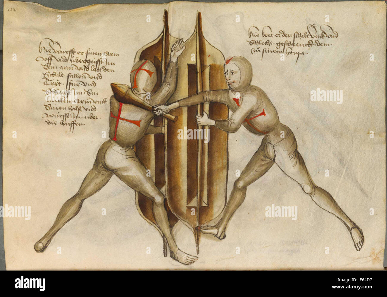 A page from 'De Fechtbuch' by Talhoffer, illustrating medieval German martial arts and combat ...