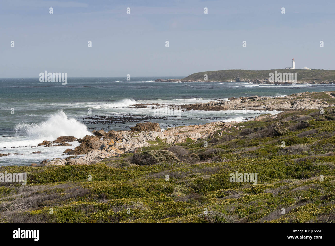 View of the bay towards Danger Point lighthouse, Gansbaai, South Africa ...