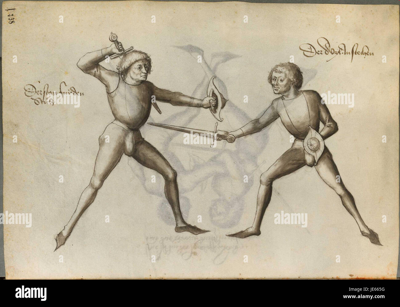 An illustration from the 'Fechtbuch Talhoffer', a medieval combat manual. The illustration ...