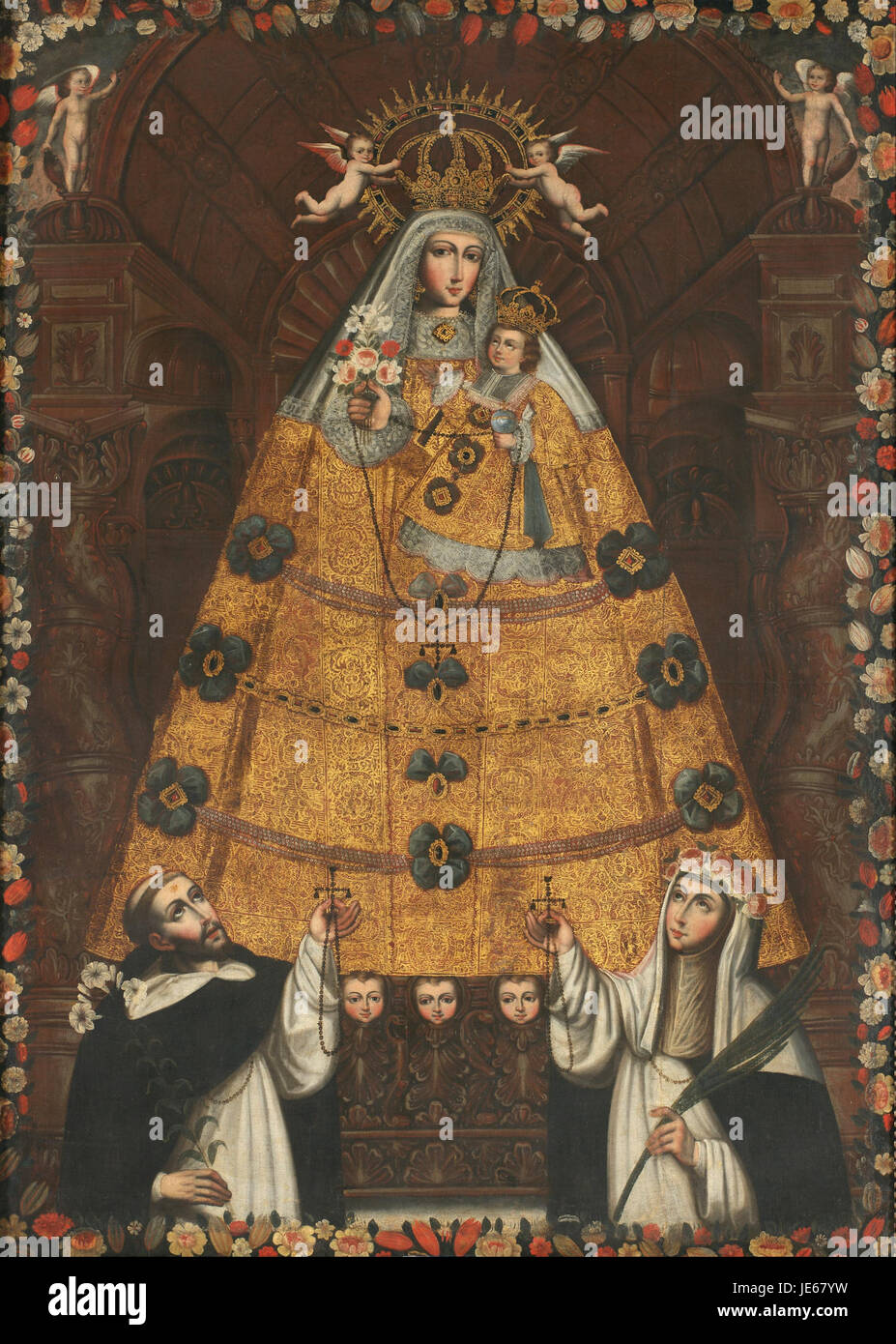 This painting from the Cusco School depicts 'Our Lady of the Rosary ...