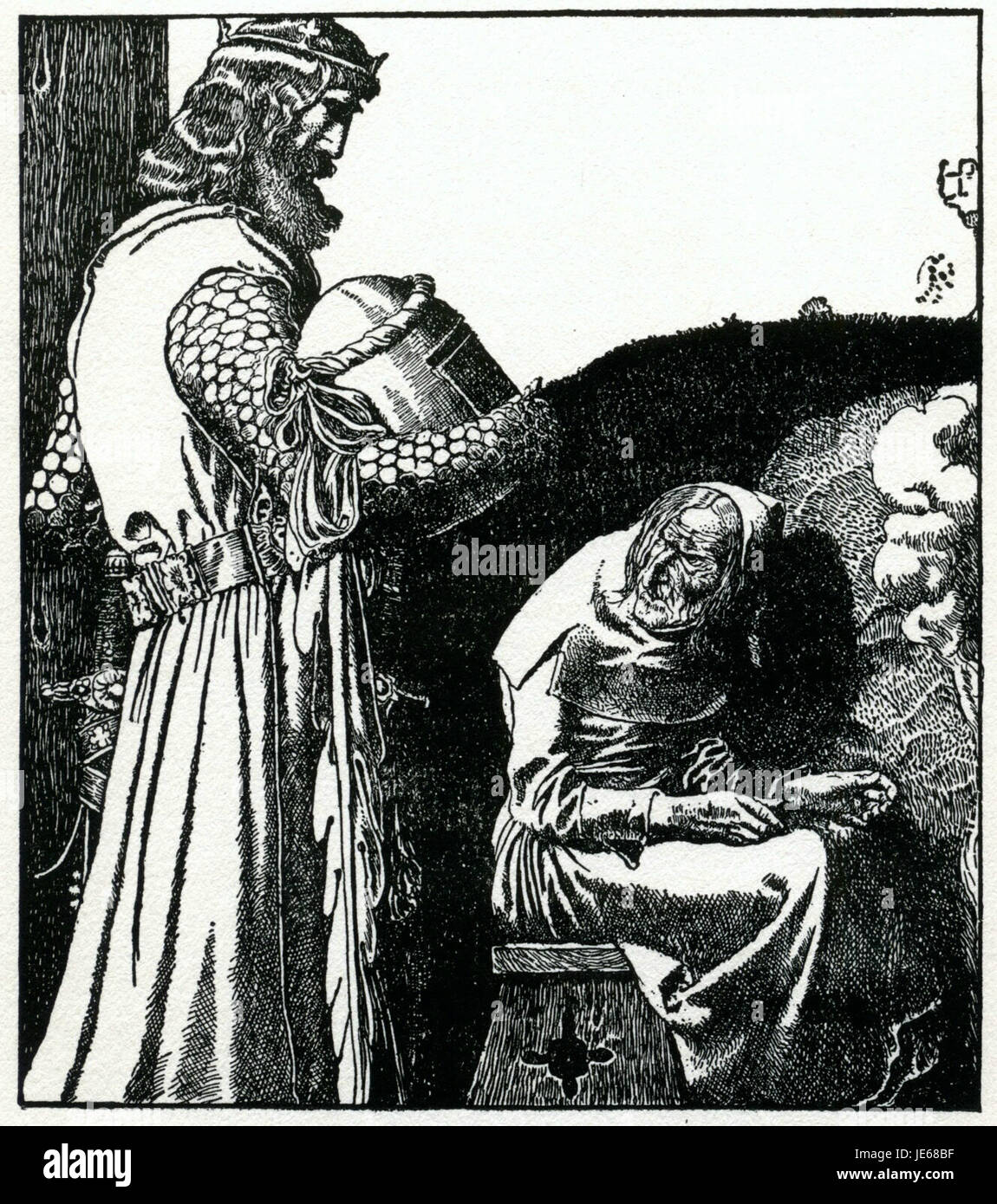 Arthur-Pyle's illustration, 'King Arthur Findeth Ye Old Woman in Ye Hut ...