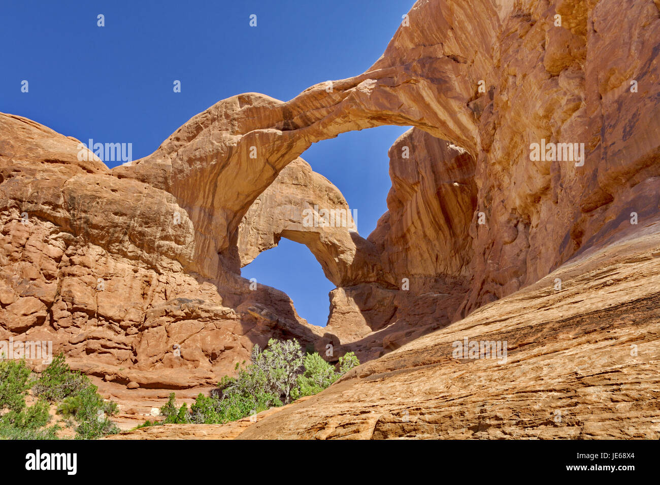 Horizontal landscape of Double Arch sandstone formation in Arches ...