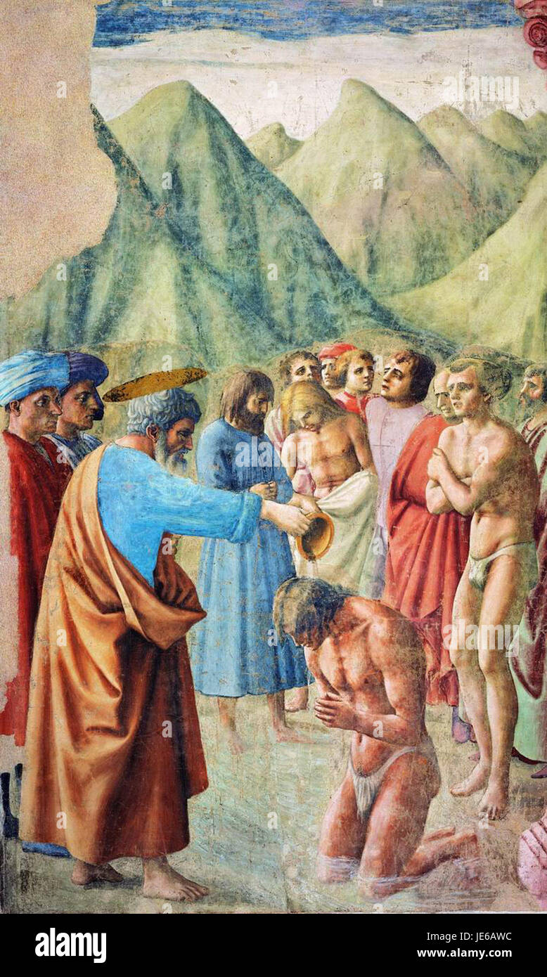 Restored fresco by Masaccio, depicting the Baptism of the Neophytes in ...