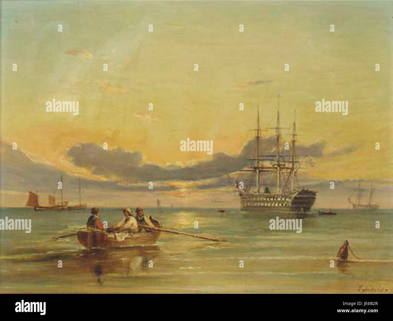 Ebenezer Colls' painting features a screw two-decker ship at anchor ...