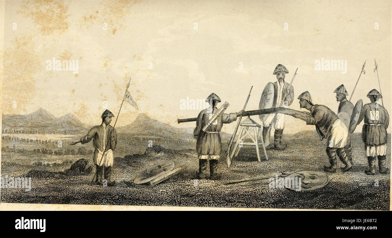 A historical photograph showing Chinese soldiers armed with gingals, a ...