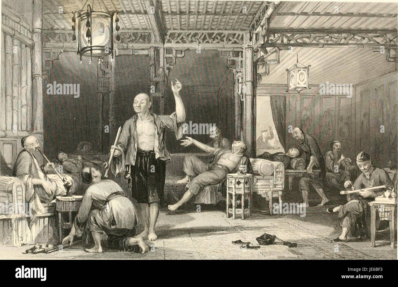 An historical scene showing Chinese opium smokers, a depiction of 19th ...
