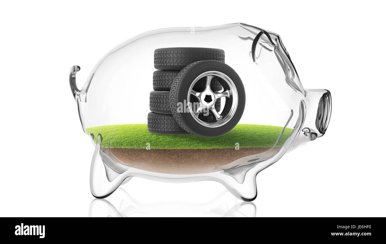 Rubber tire inside transparent piggy bank. 3d rendering Stock Photo - Alamy