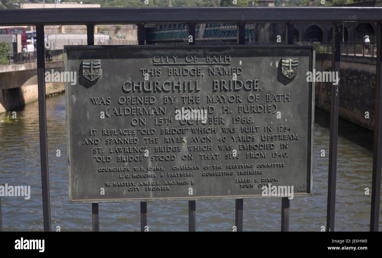 Plaque on Churchill Bridge over river Avon opened in 1966 in Bath Stock ...