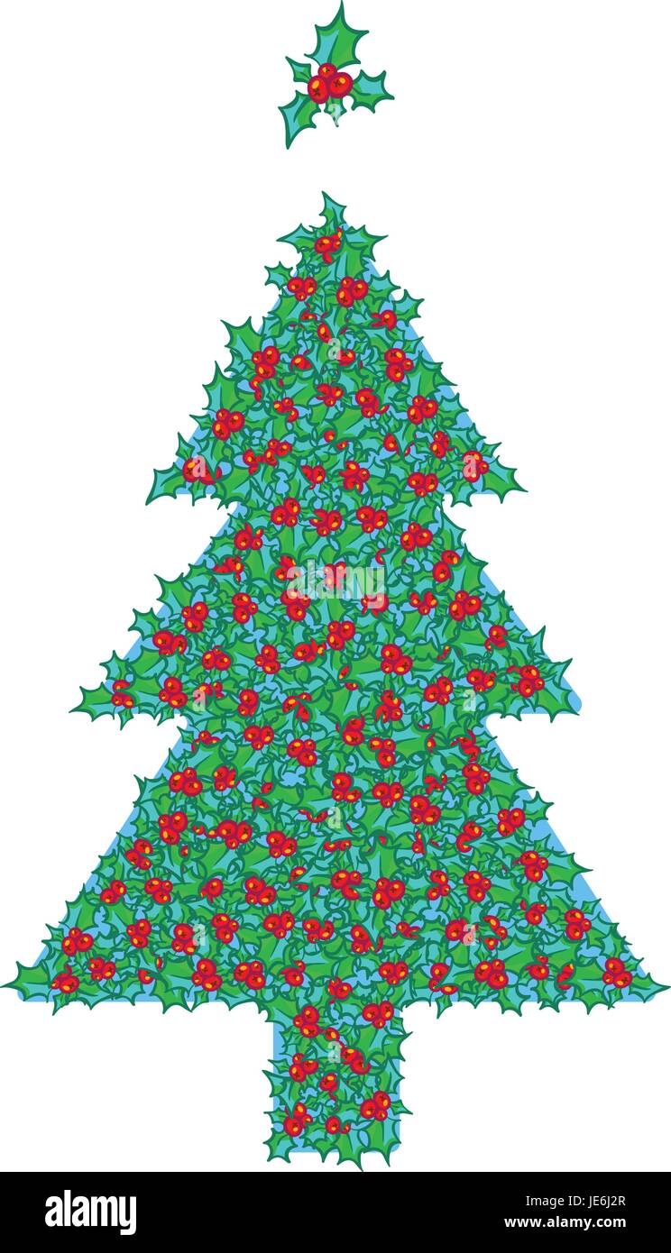 Holly Christmas tree with tree topper ornament. Vector hand drawn ...