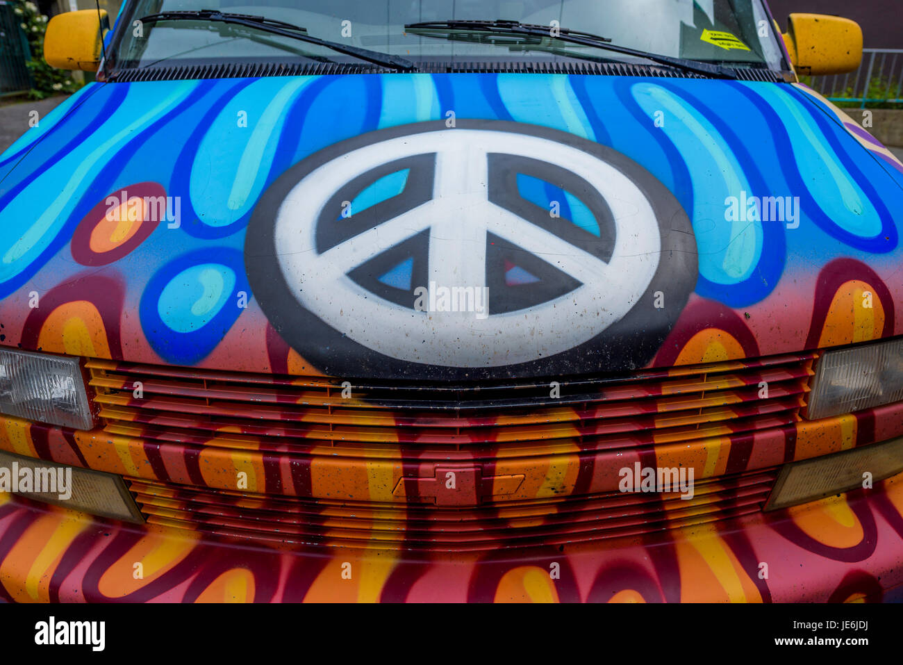 Painted Hippie Van with peace symbol Stock Photo - Alamy