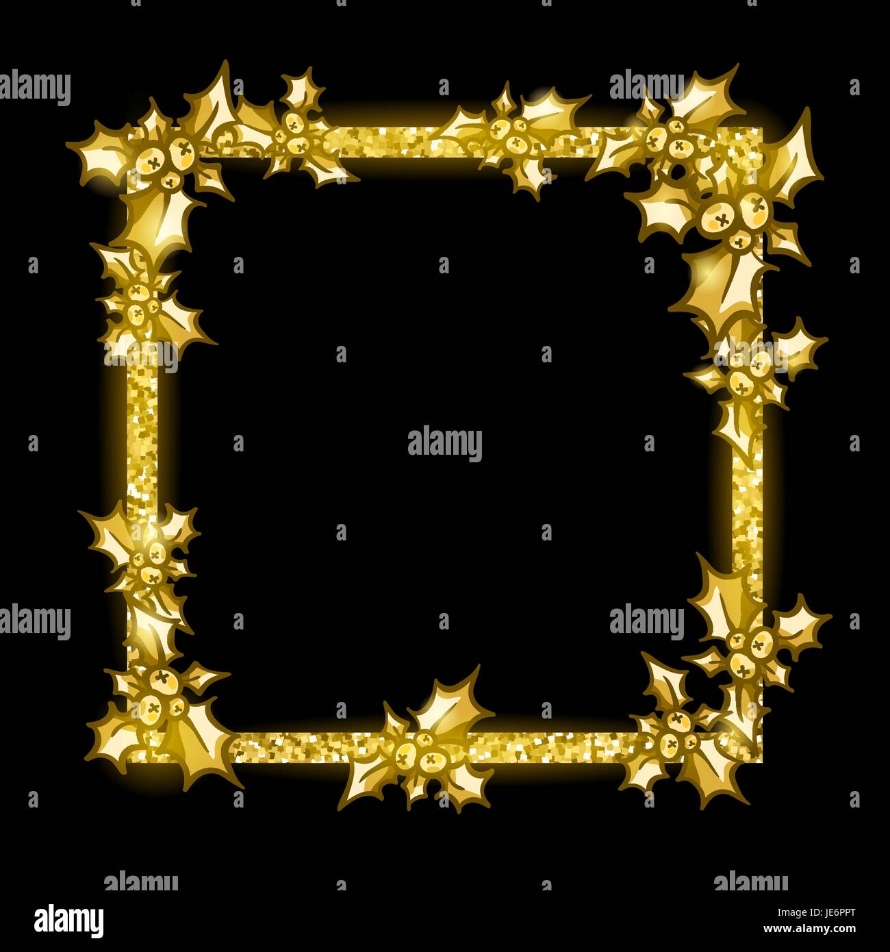 Golden glittering frame, sprig of Holly with berry, on black. Vector ...
